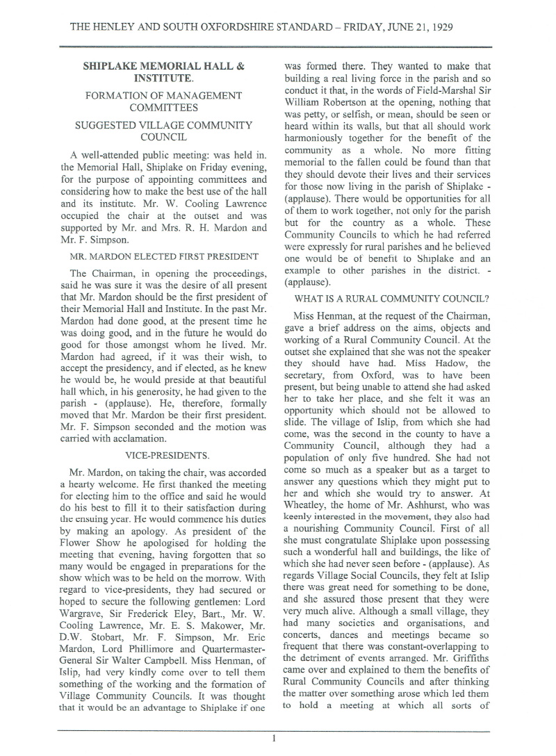 History – Shiplake Memorial Hall